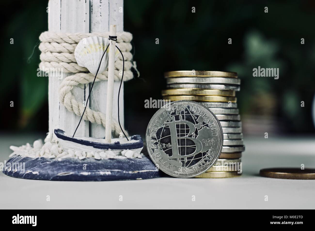 Digital currency physical metal bitcoin coin. Cryptocurrency concept ...