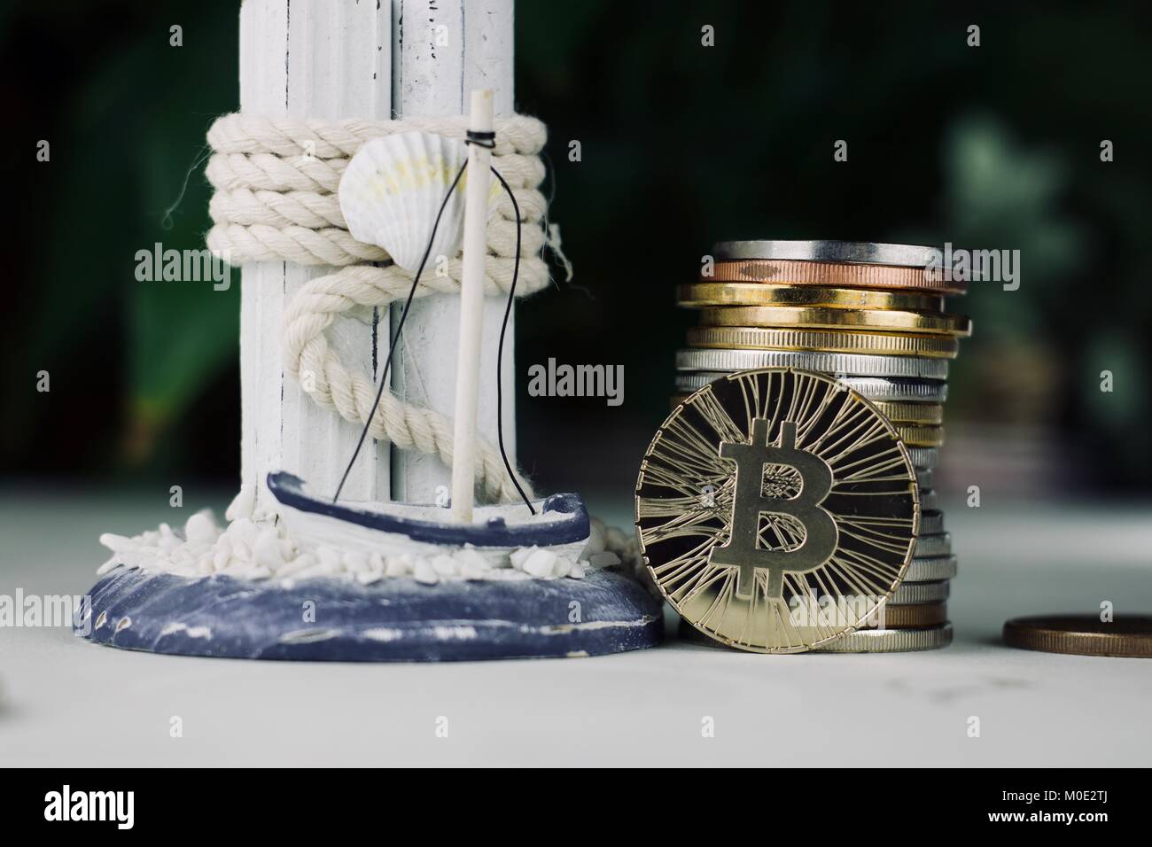 Digital currency physical metal bitcoin coin. Cryptocurrency concept ...