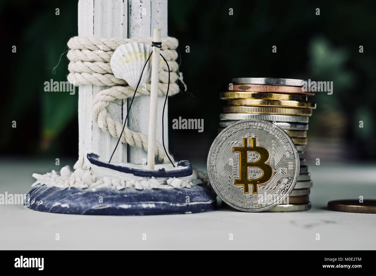 Digital currency physical metal bitcoin coin. Cryptocurrency concept ...