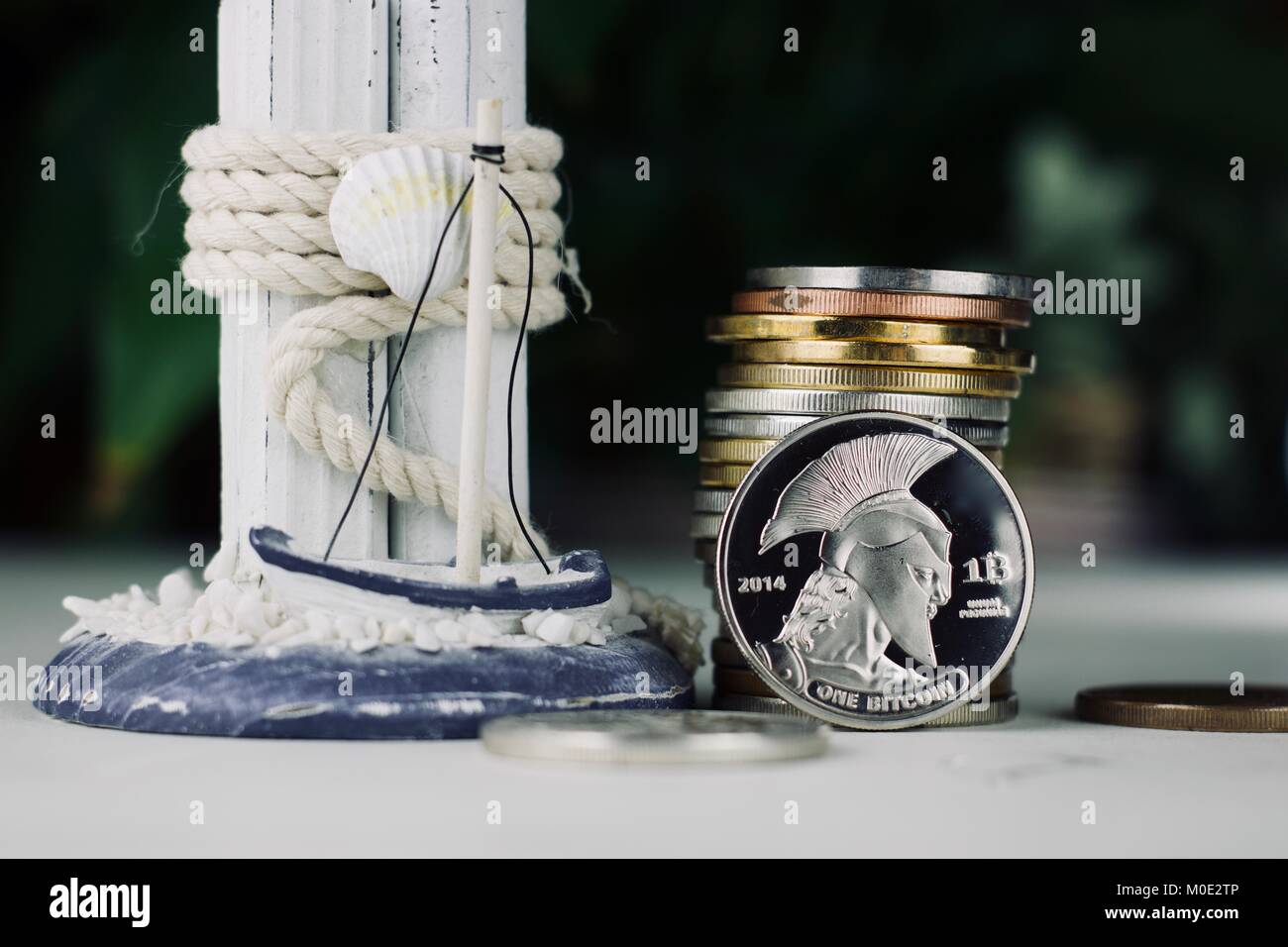 Digital currency physical metal bitcoin coin. Cryptocurrency concept ...