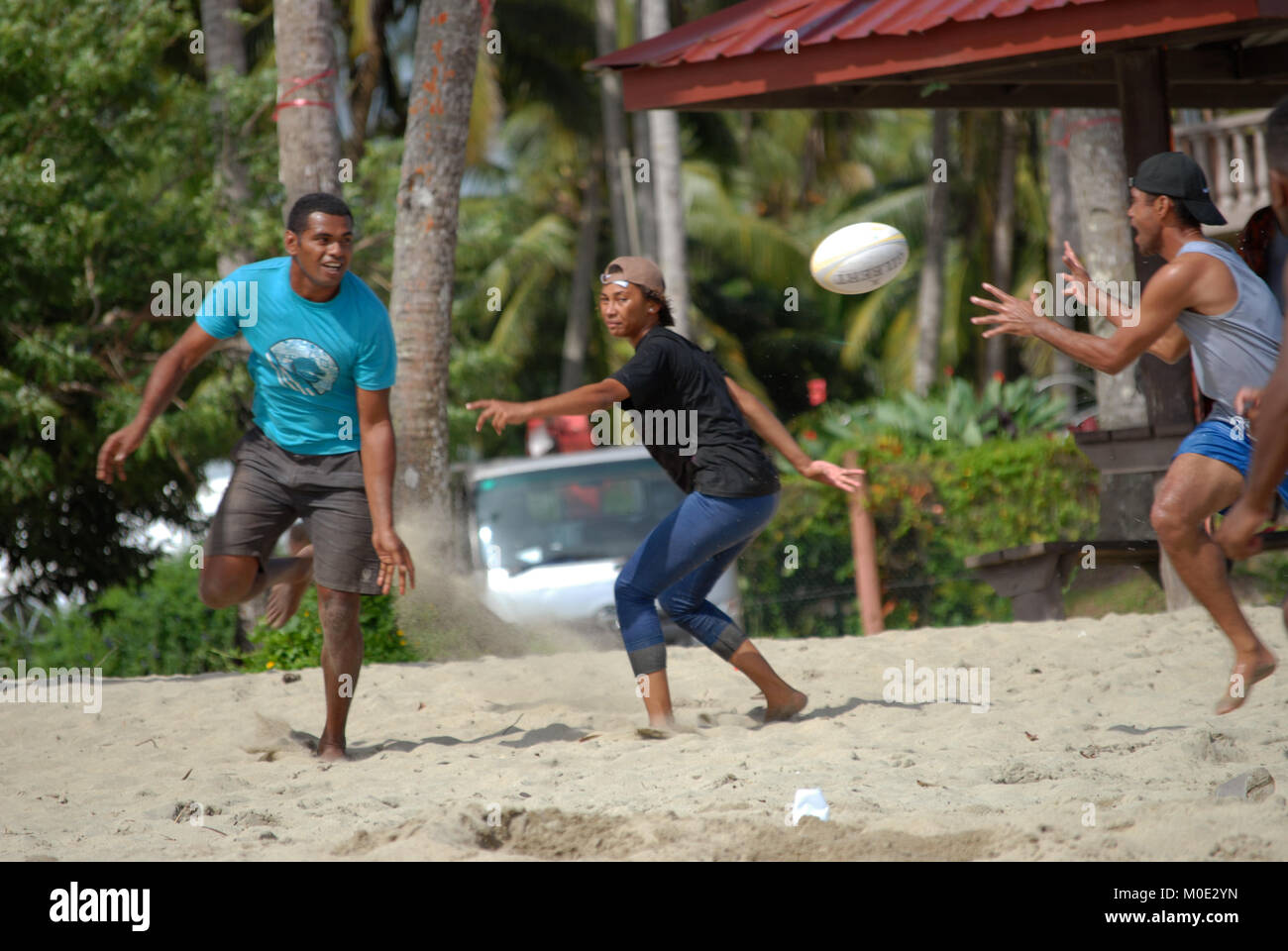 Fijian men playing rugby on Palm Beach, Pacific Harbour, Fiji Stock ...