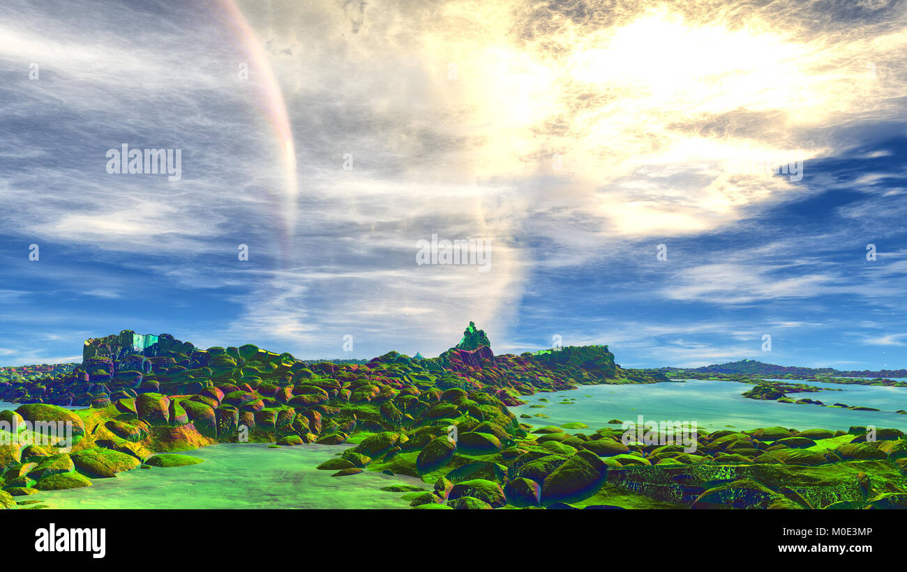 Mountain and lake. Landscape of stranger planet. 3D illustration Stock ...