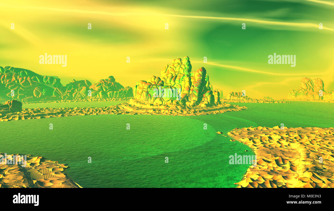 Mountain and lake. Landscape of stranger planet. 3D illustration Stock ...