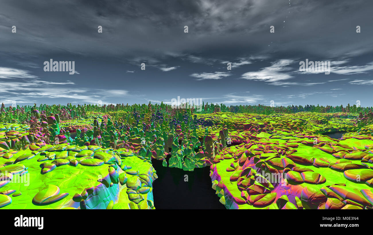 Mountain and lake. Landscape of stranger planet. 3D illustration Stock ...