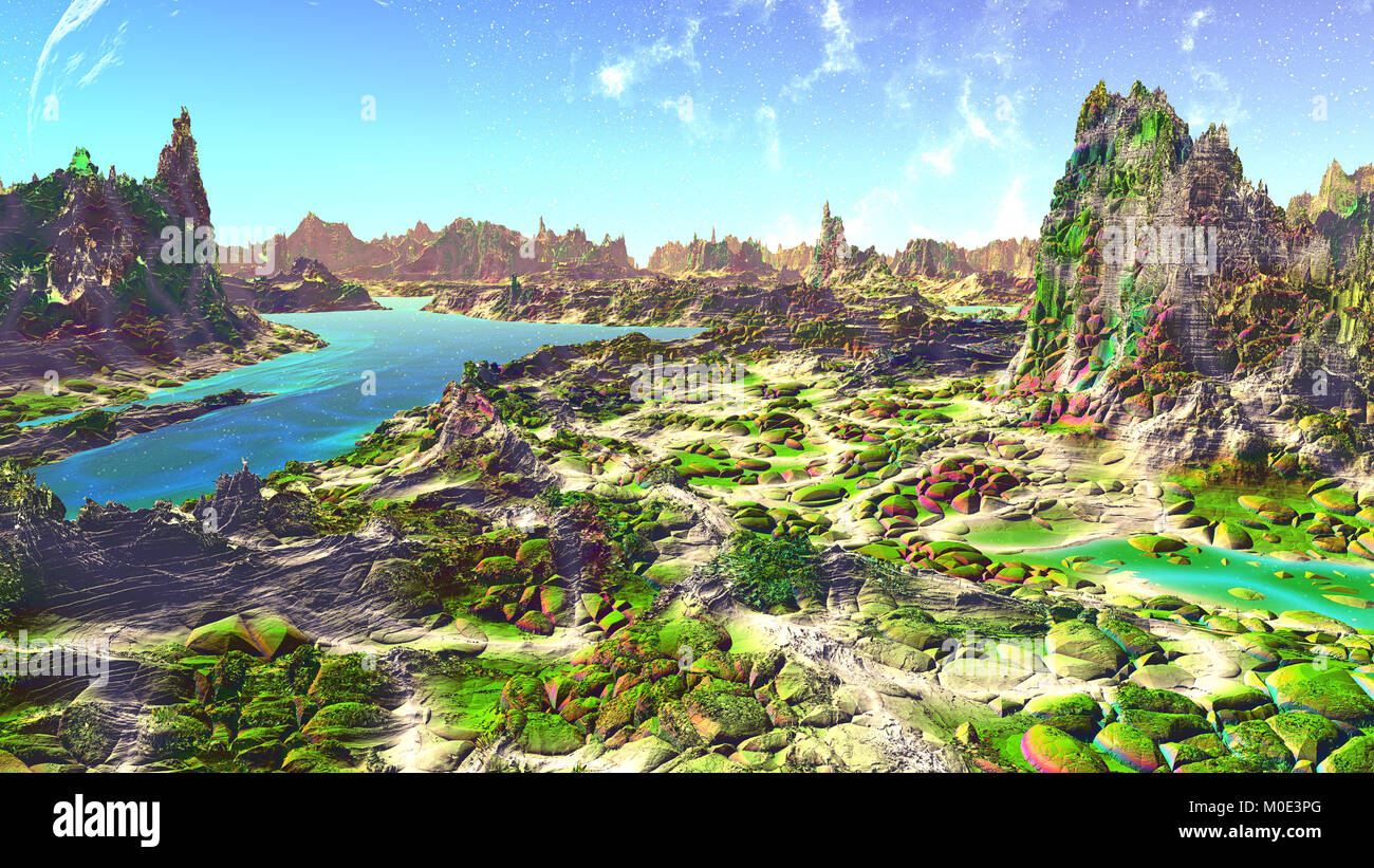 Mountain and lake. Landscape of stranger planet. 3D illustration Stock ...