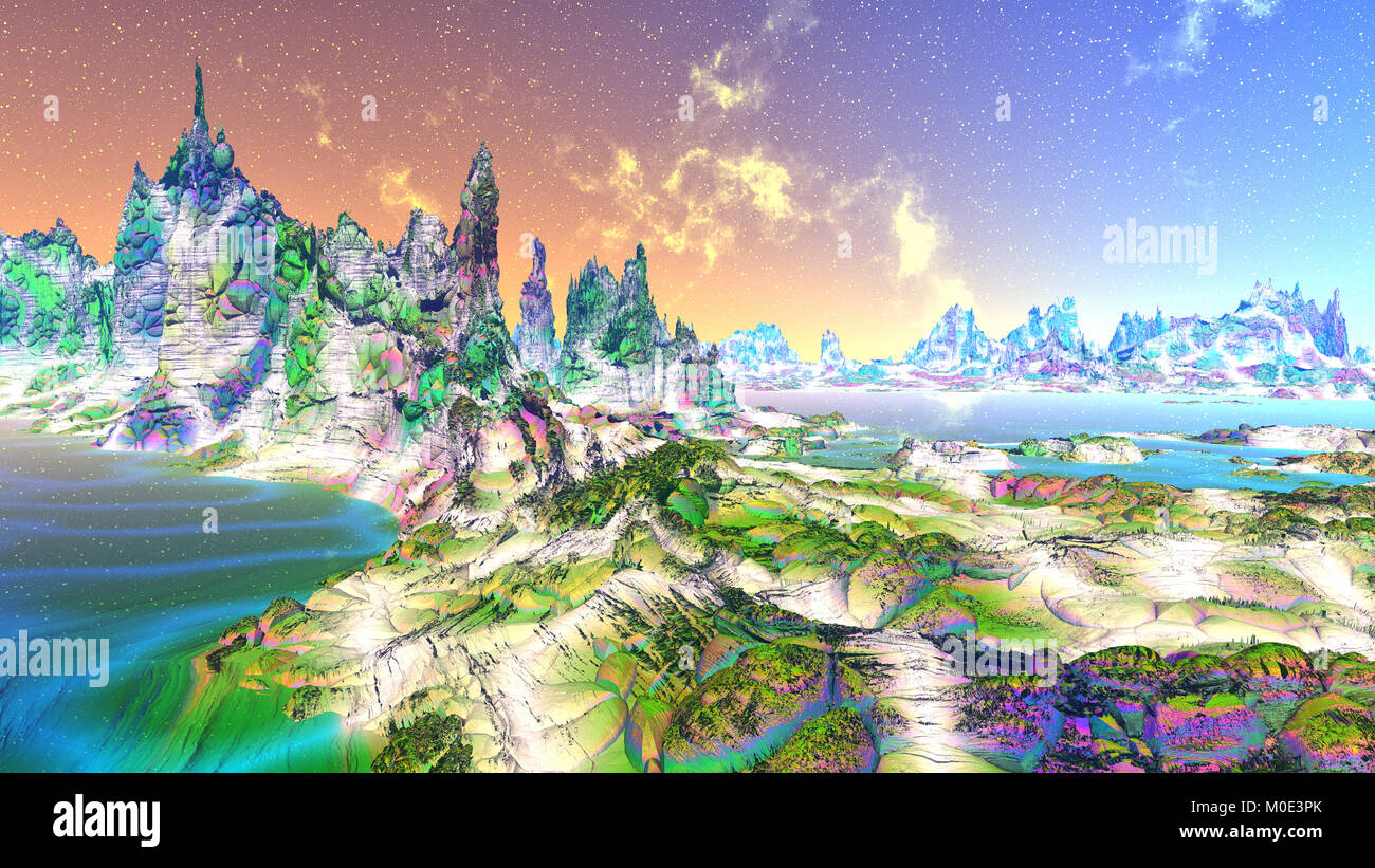 Mountain and lake. Landscape of stranger planet. 3D illustration Stock ...