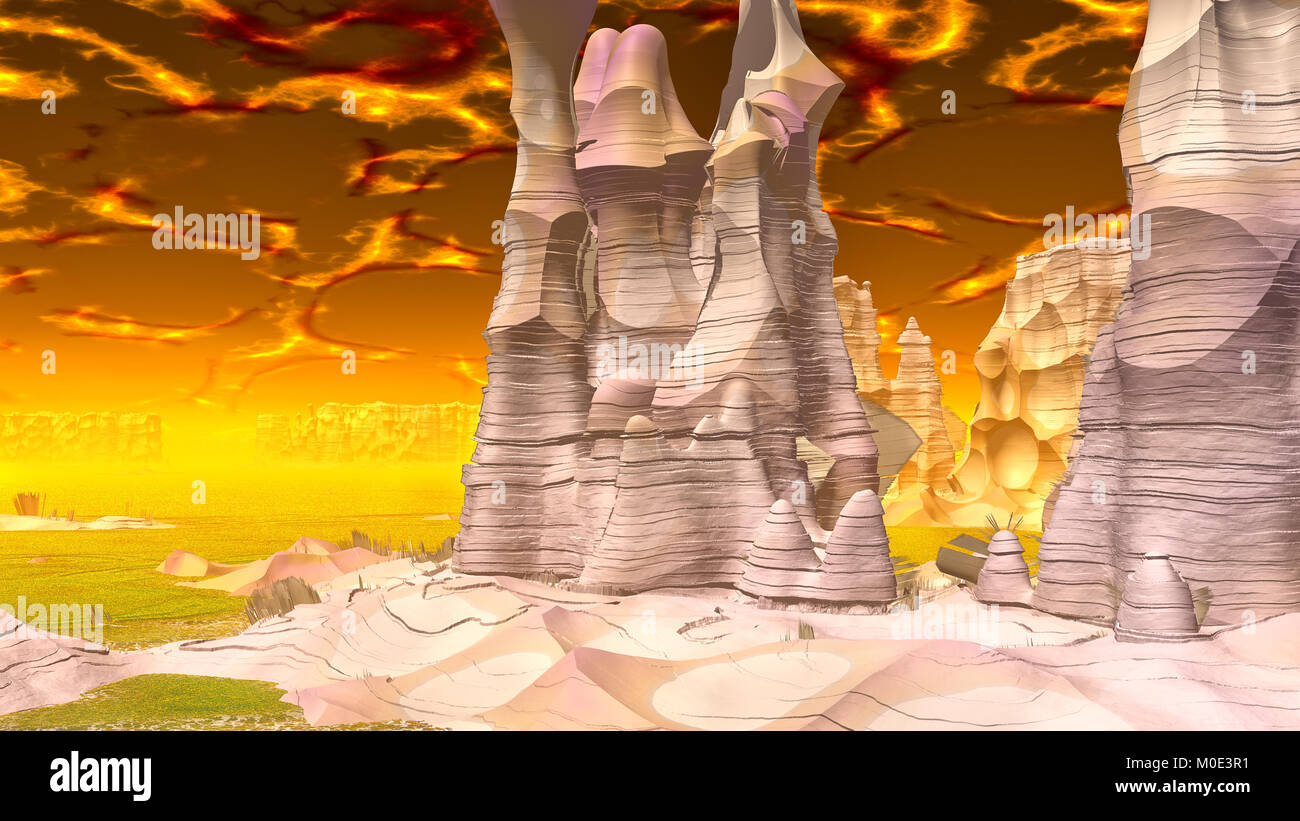 Mountain and lake. Landscape of stranger planet. 3D illustration Stock ...