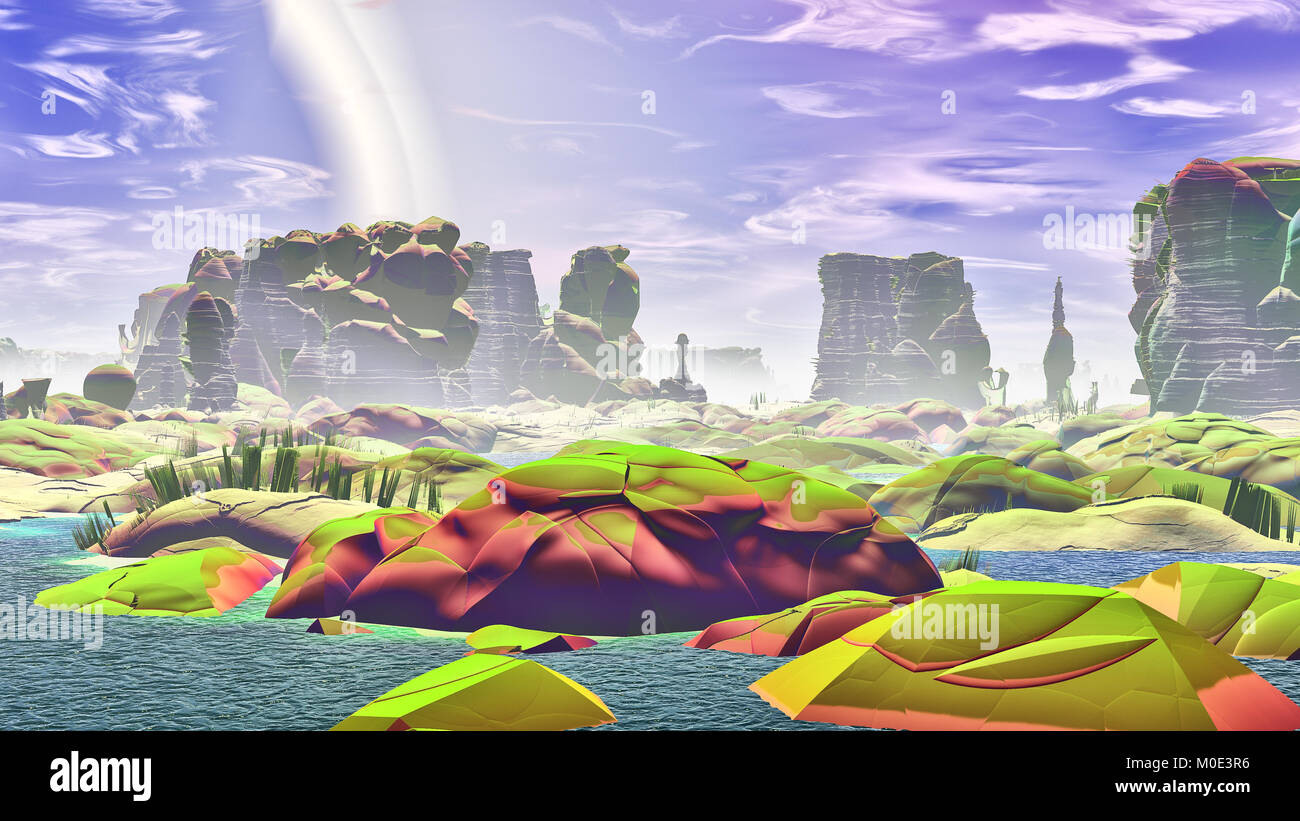 Mountain and lake. Landscape of stranger planet. 3D illustration Stock ...