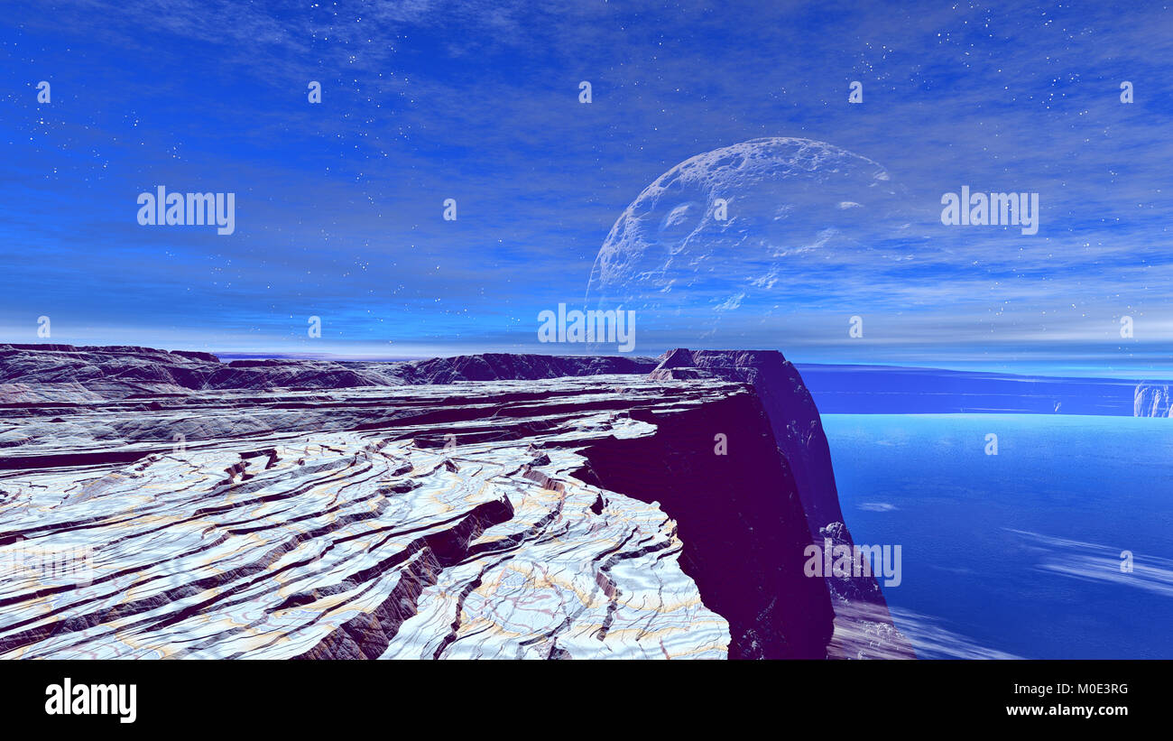 Mountain and lake. Landscape of stranger planet. 3D illustration Stock ...