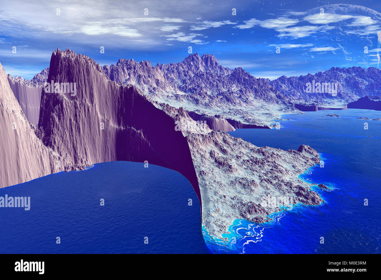 Mountain and lake. Landscape of stranger planet. 3D illustration Stock ...