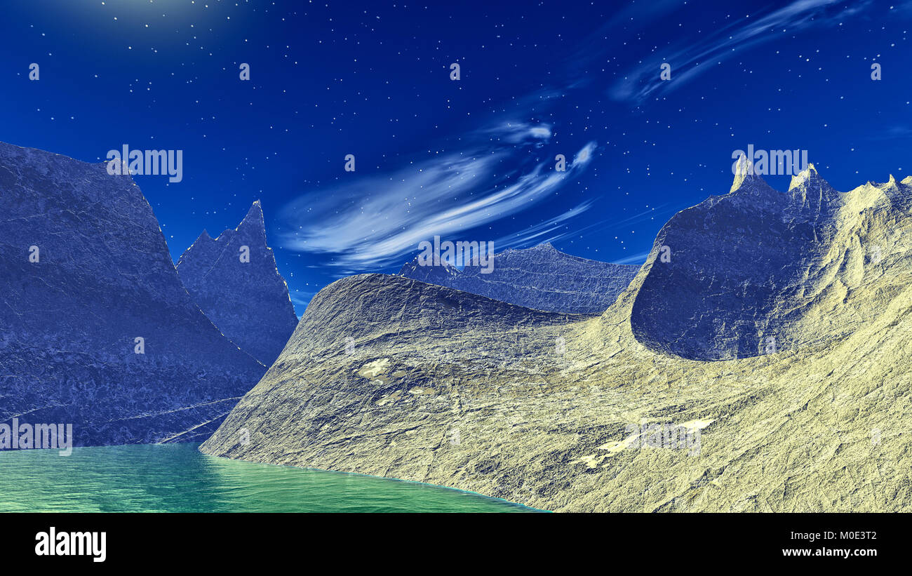 Mountain and lake. Landscape of stranger planet. 3D illustration Stock ...