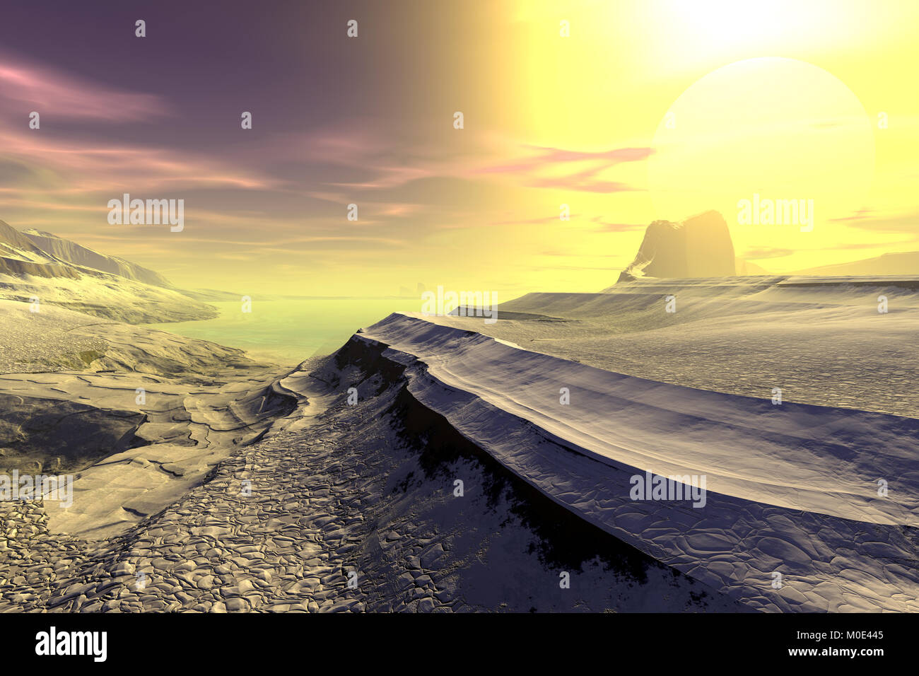 Mountain and lake. Landscape of stranger planet. 3D rendering Stock ...