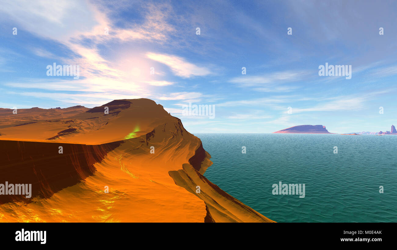 Mountain and lake. Landscape of stranger planet. 3D rendering Stock ...