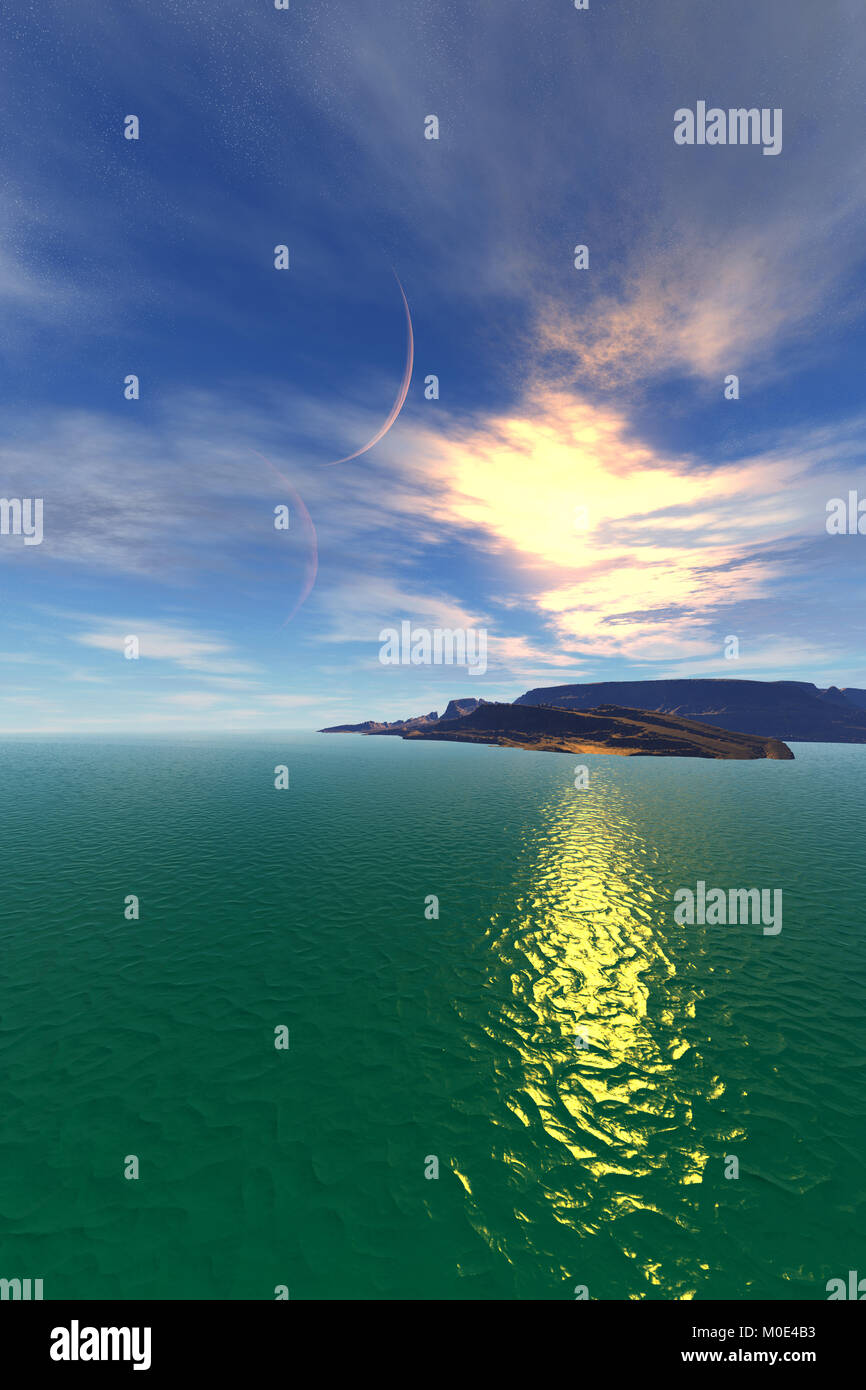 Mountain and lake. Landscape of stranger planet. 3D rendering Stock ...