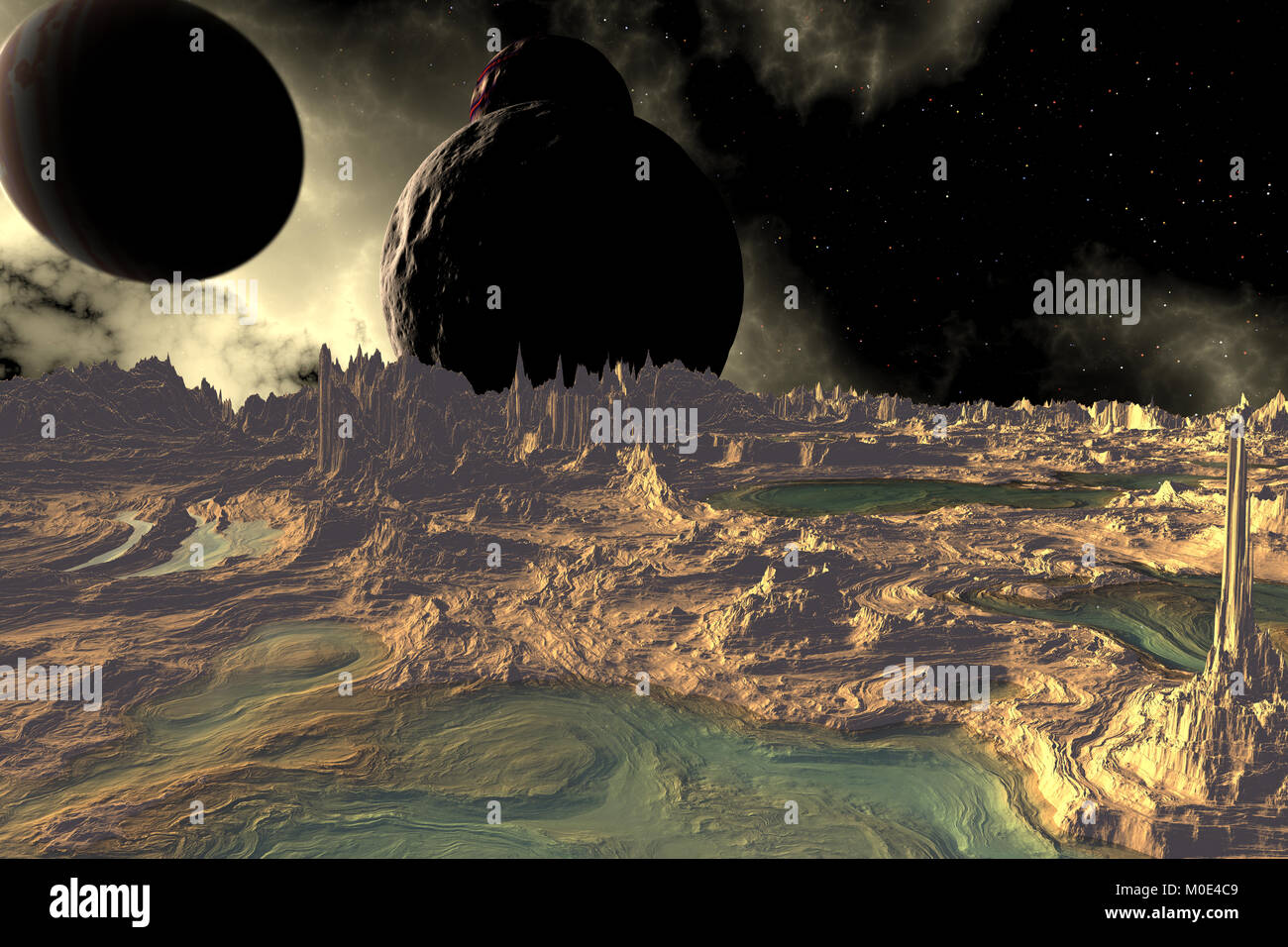Mountain and lake. Landscape of stranger planet. 3D rendering Stock ...