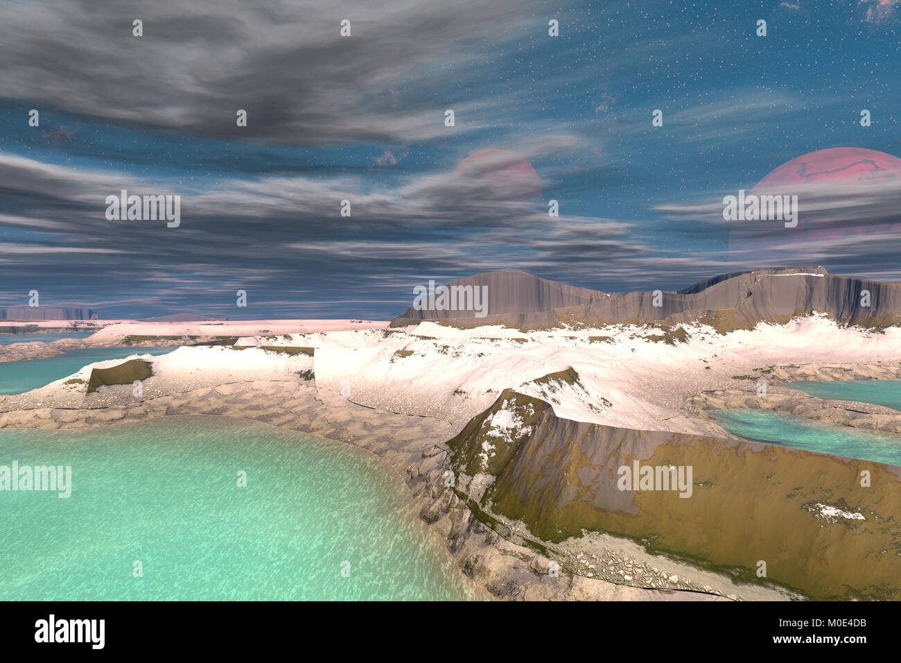 Mountain and lake. Landscape of stranger planet. 3D rendering Stock ...