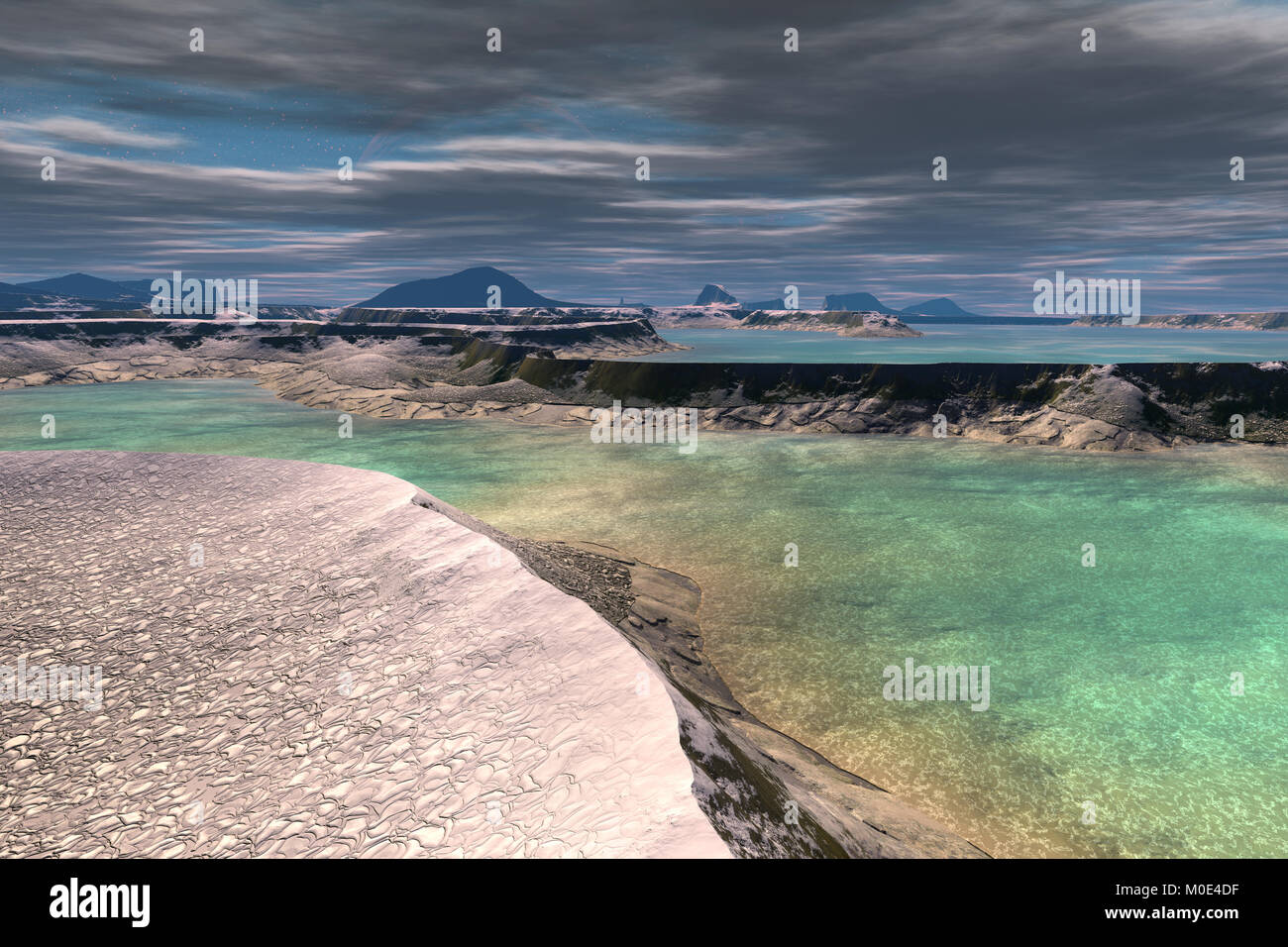 Mountain and lake. Landscape of stranger planet. 3D rendering Stock ...