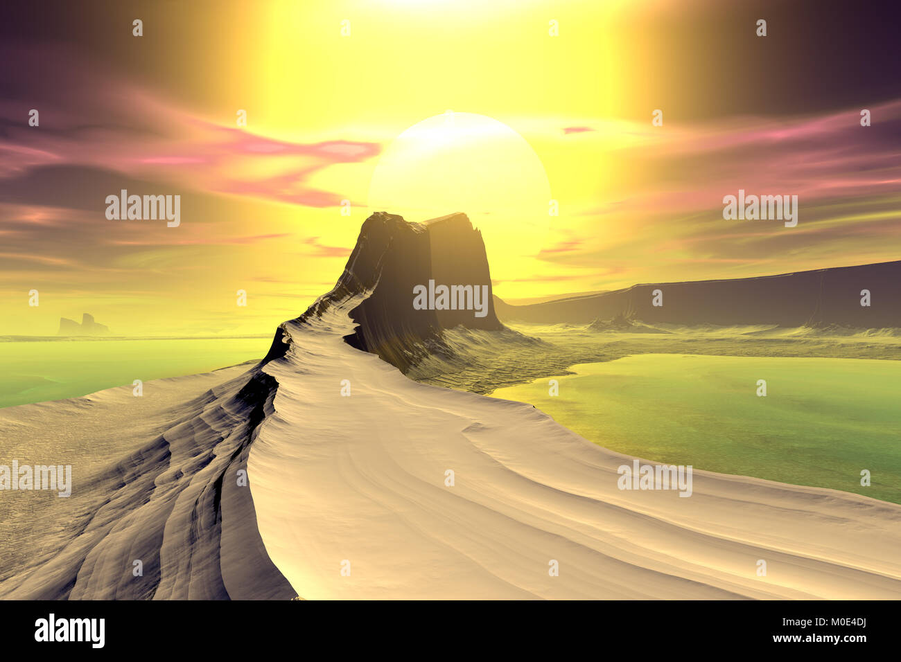 Mountain and lake. Landscape of stranger planet. 3D rendering Stock ...
