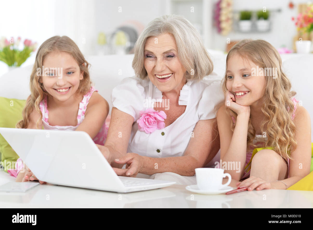 granny with granddaughters using laptop Stock Photo - Alamy