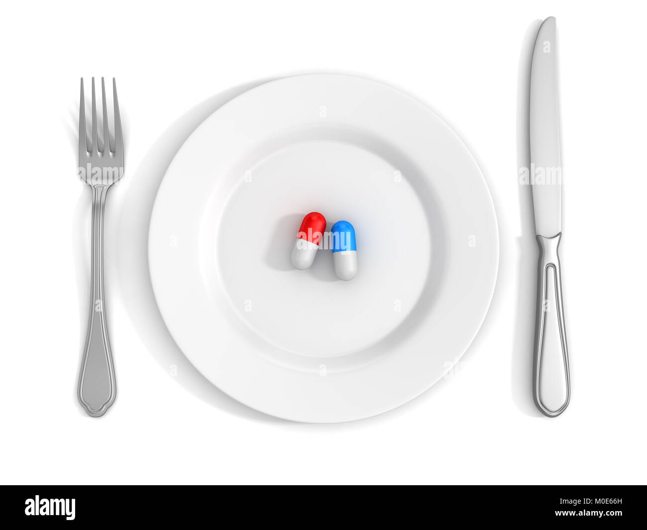 Red and Blue Pill on White Plate , This is a 3d rendered computer ...