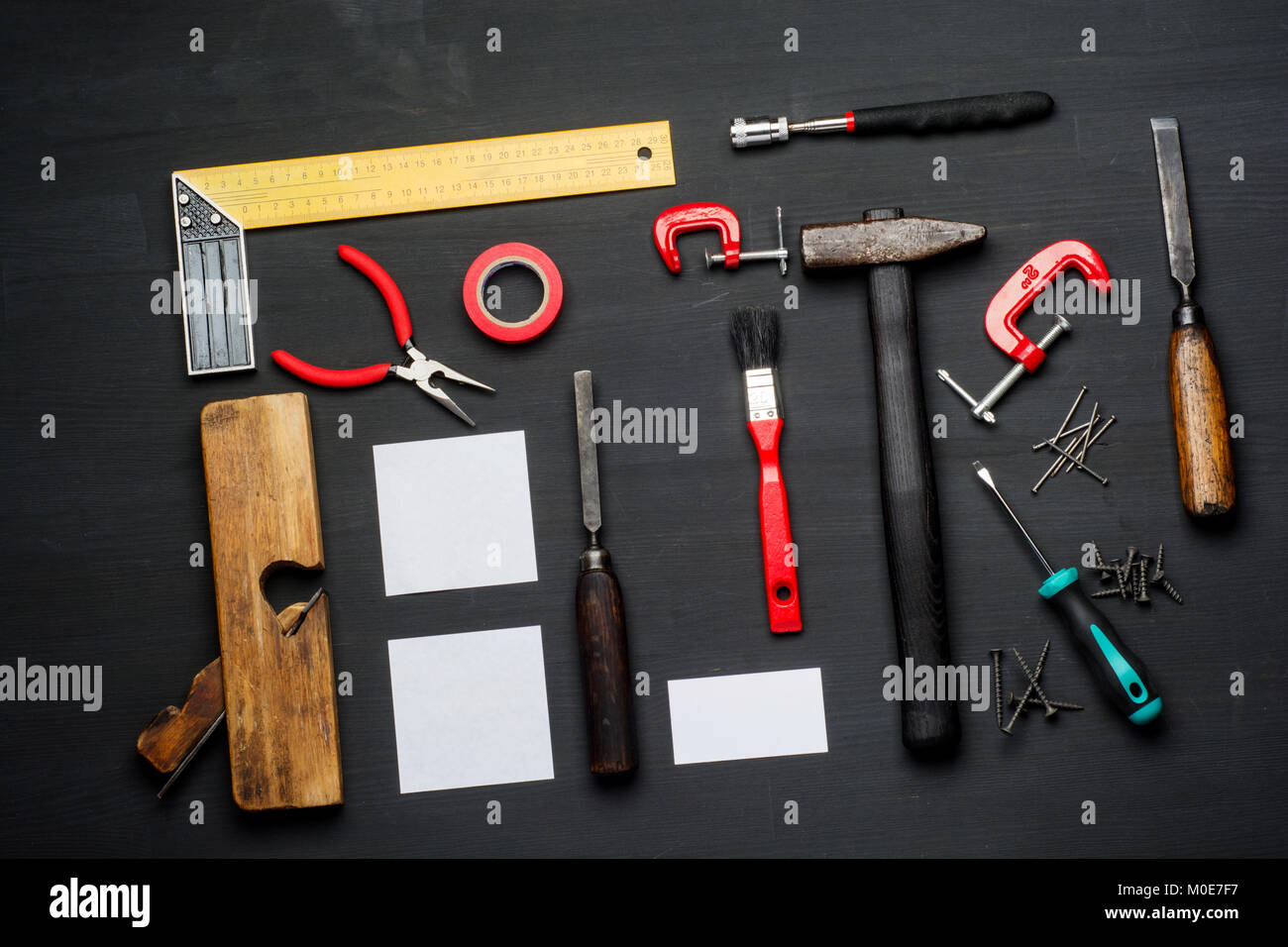 Top view of carpenter tools equipment set on wooden table Stock Photo ...