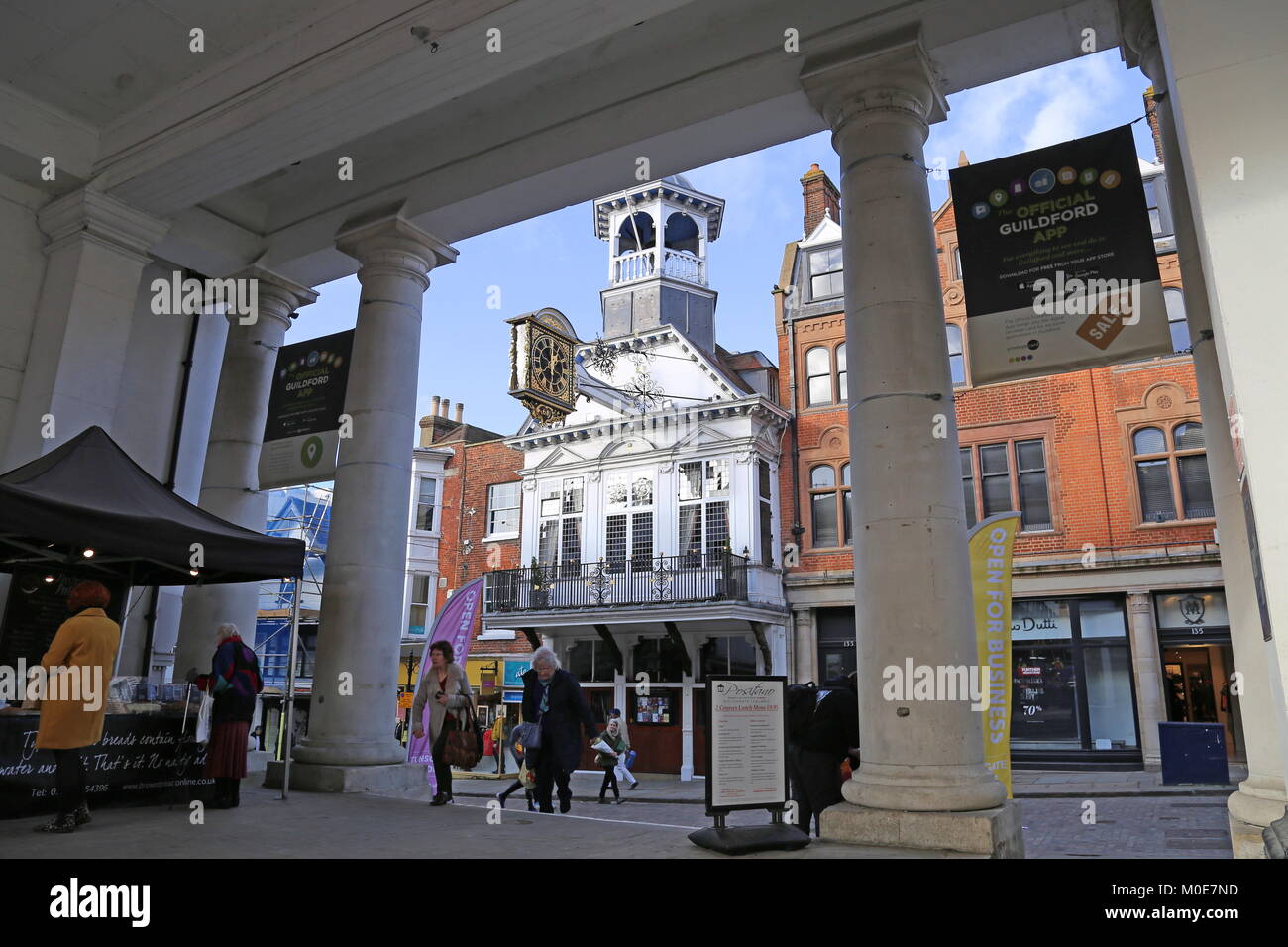 Guildhall from Tunsgate Arch, High Street, Guildford, Surrey, England ...