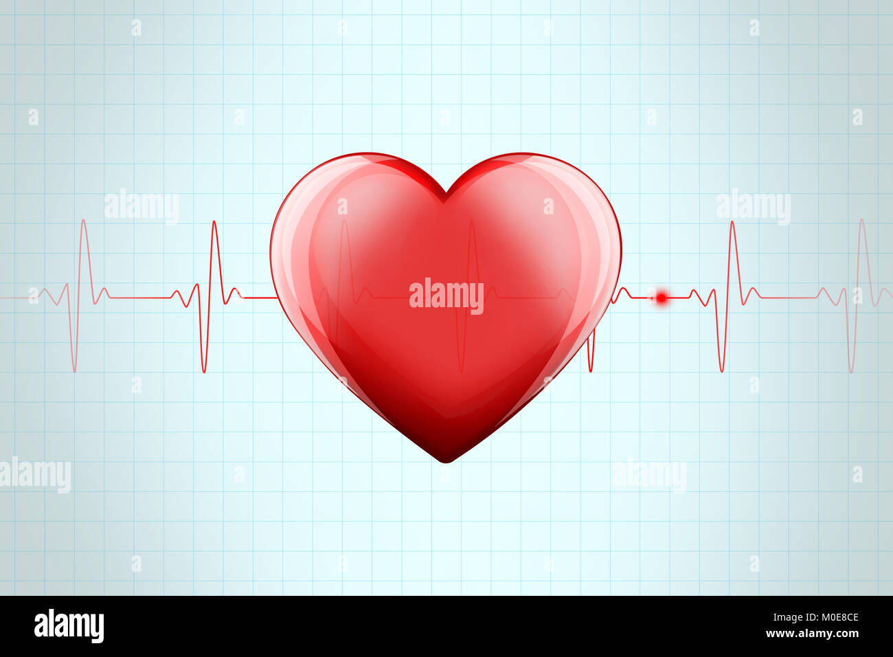 Red glossy heart on a light blue background with red heart beat line ...
