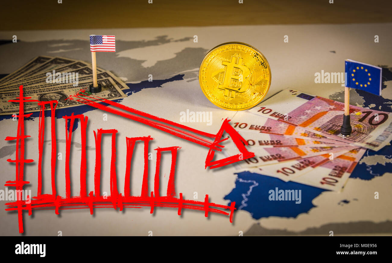 Financial bear market falling concept with bitcoin over a map between ...