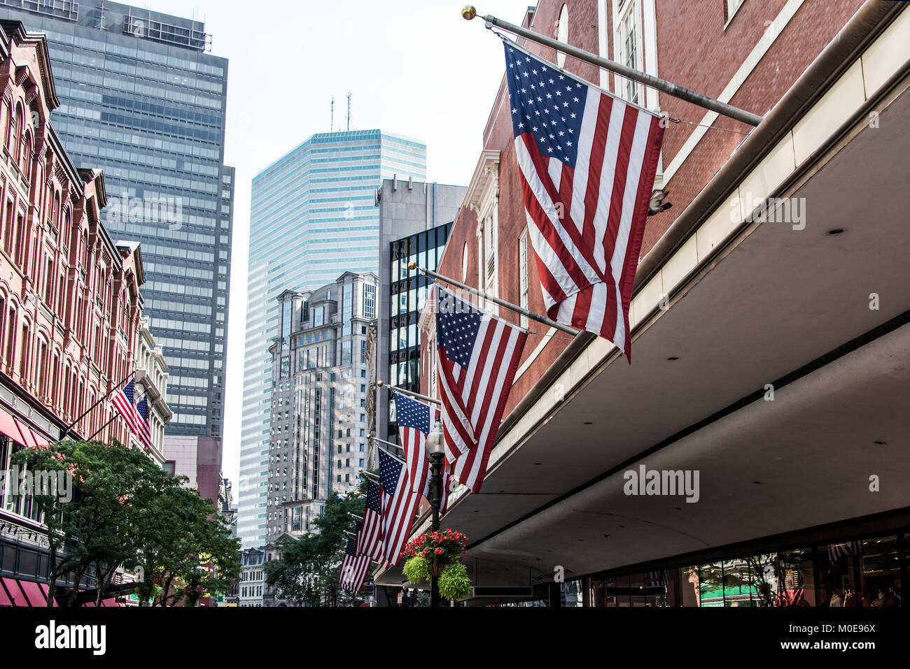 Boston, MA USA - Shopping Mall Store front with american flags waving ...