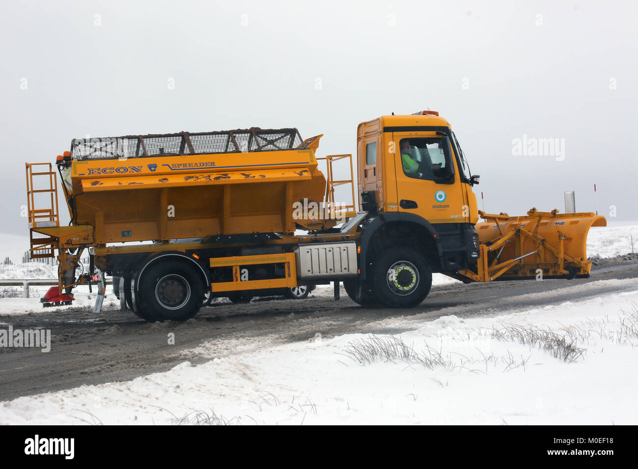 West Yorkshire, UK. 21st Jan, 2018. A snow plough on Saddleworth Moor ...