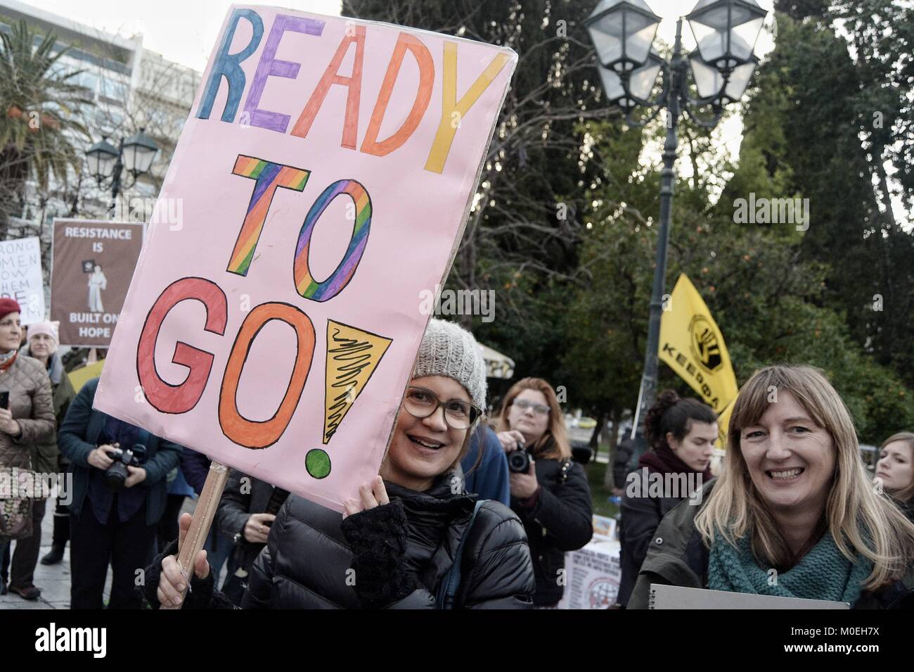 Athens, Greece. 21st Jan, 2018. Women seen holding placards during the ...