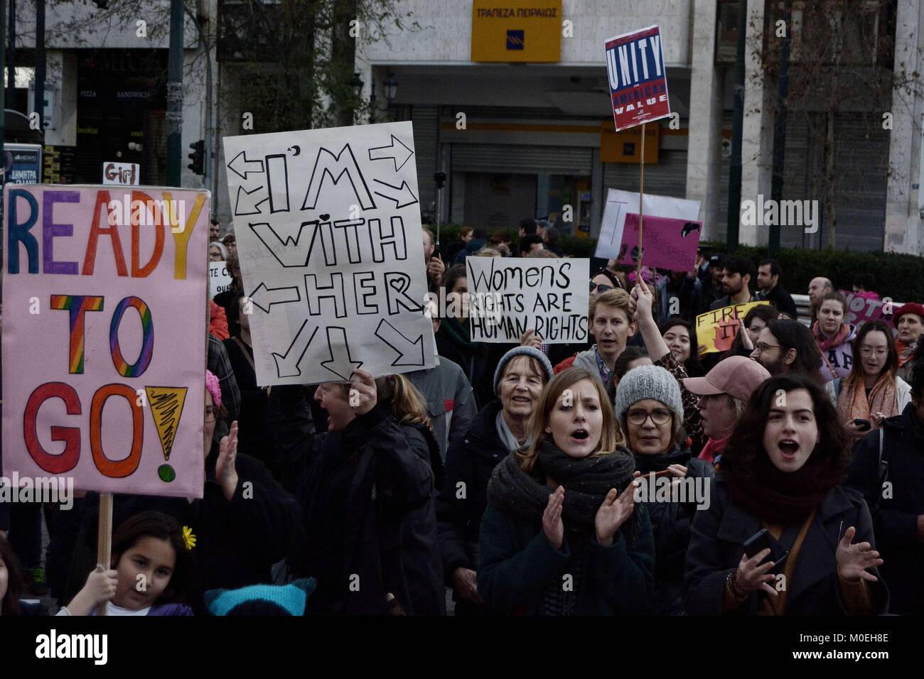 Athens, Greece. 21st Jan, 2018. Protester seen holding placards and ...