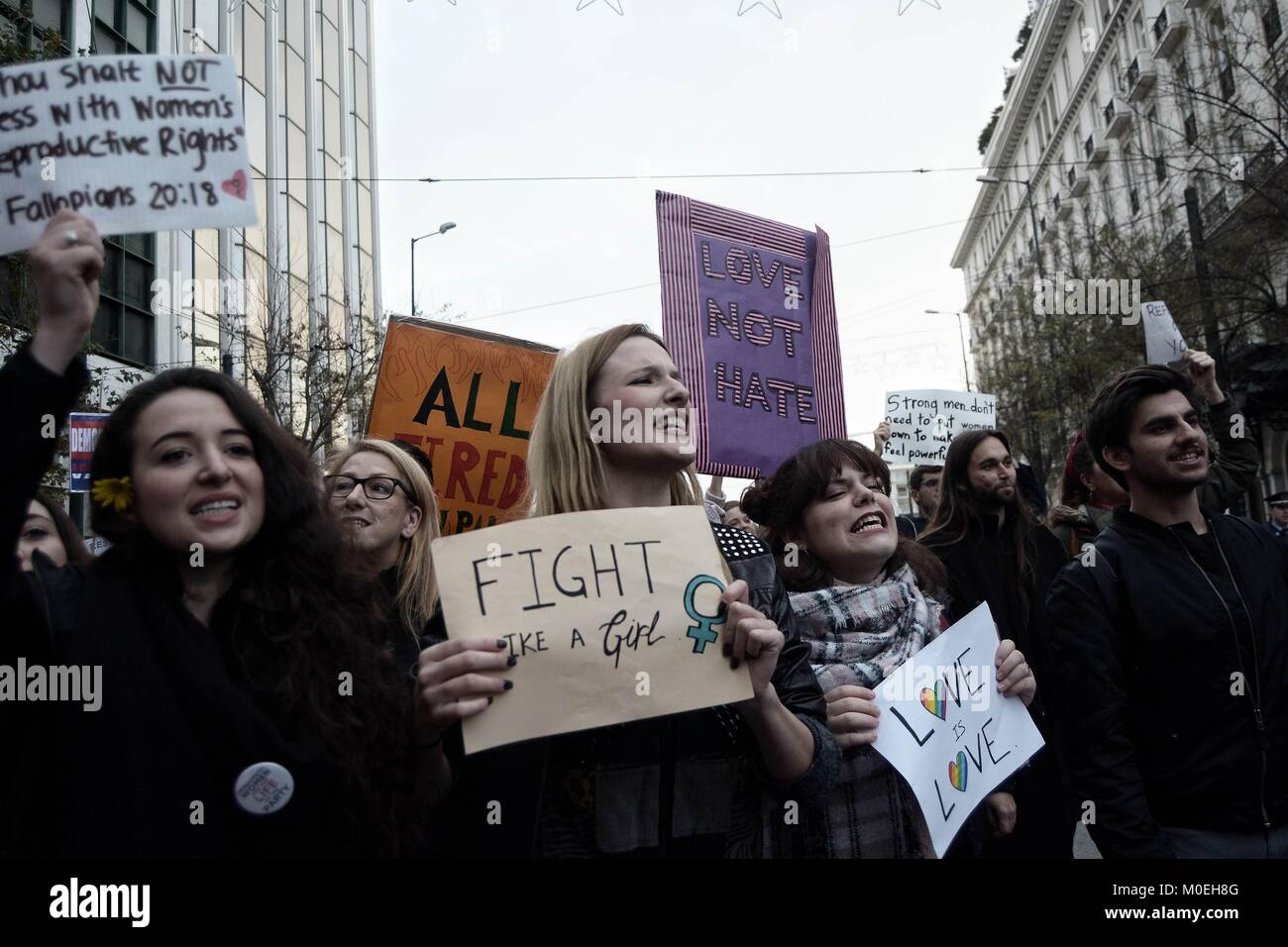 Athens, Greece. 21st Jan, 2018. Participants seen holding placards and ...