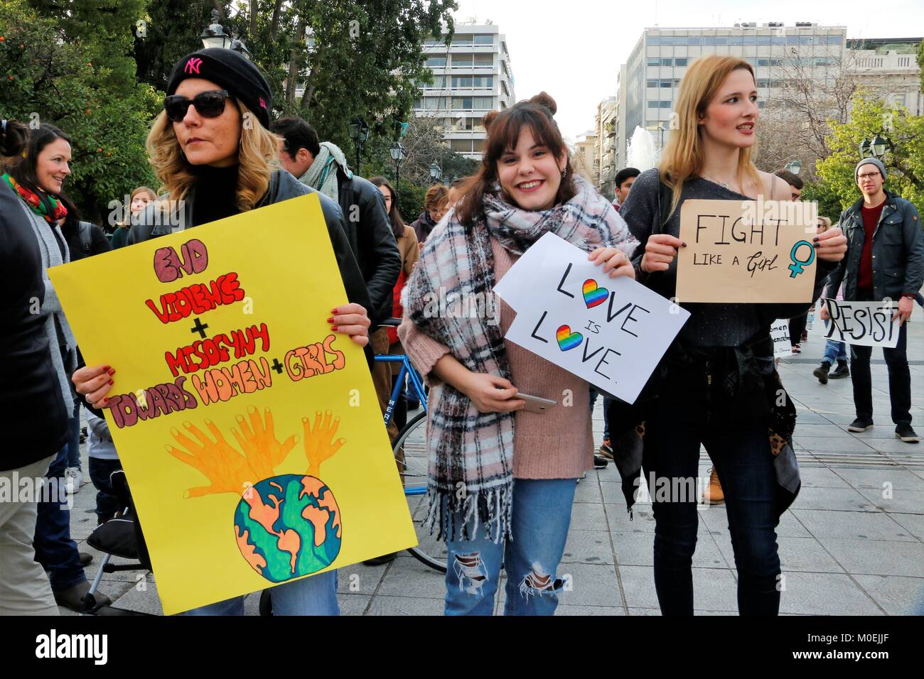 Athens, Greece. 21st Jan, 2018. Participants seen holding placards ...