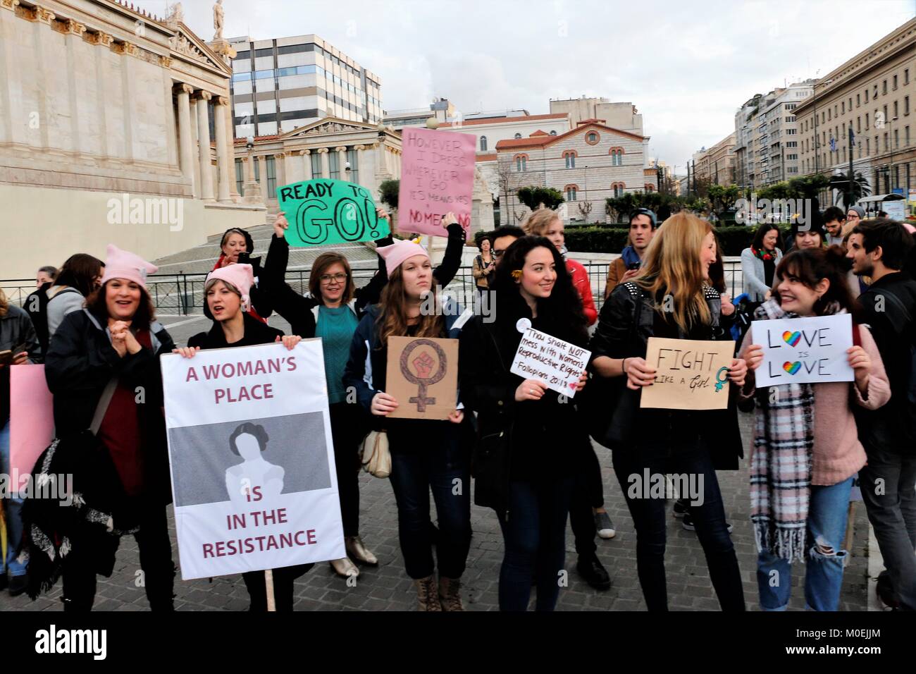 Athens, Greece. 21st Jan, 2018. Participants seen holding placards ...