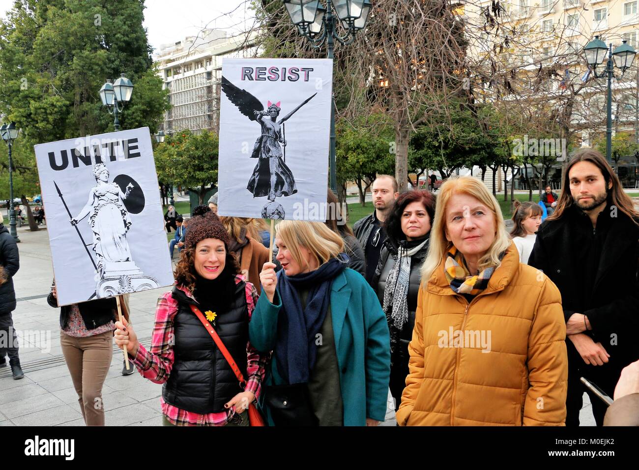 Athens, Greece. 21st Jan, 2018. Participants seen holding placards ...