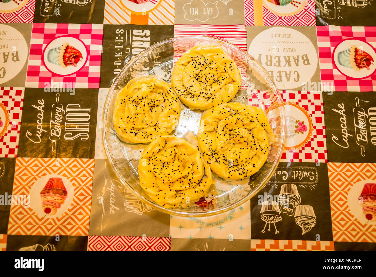 Closeup of balkan/turkish/greek burek with grated beef ready to bake ...