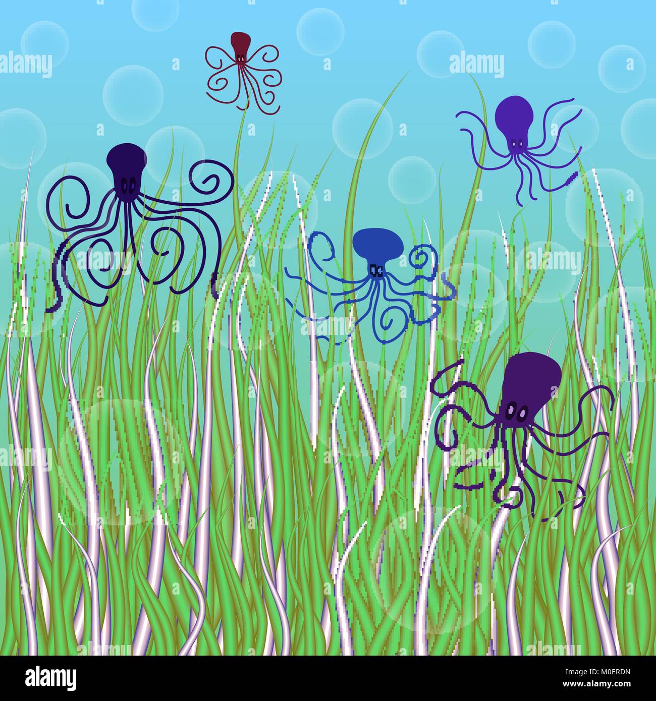 abstract vector underwater background with octopuses and bubbles Stock ...