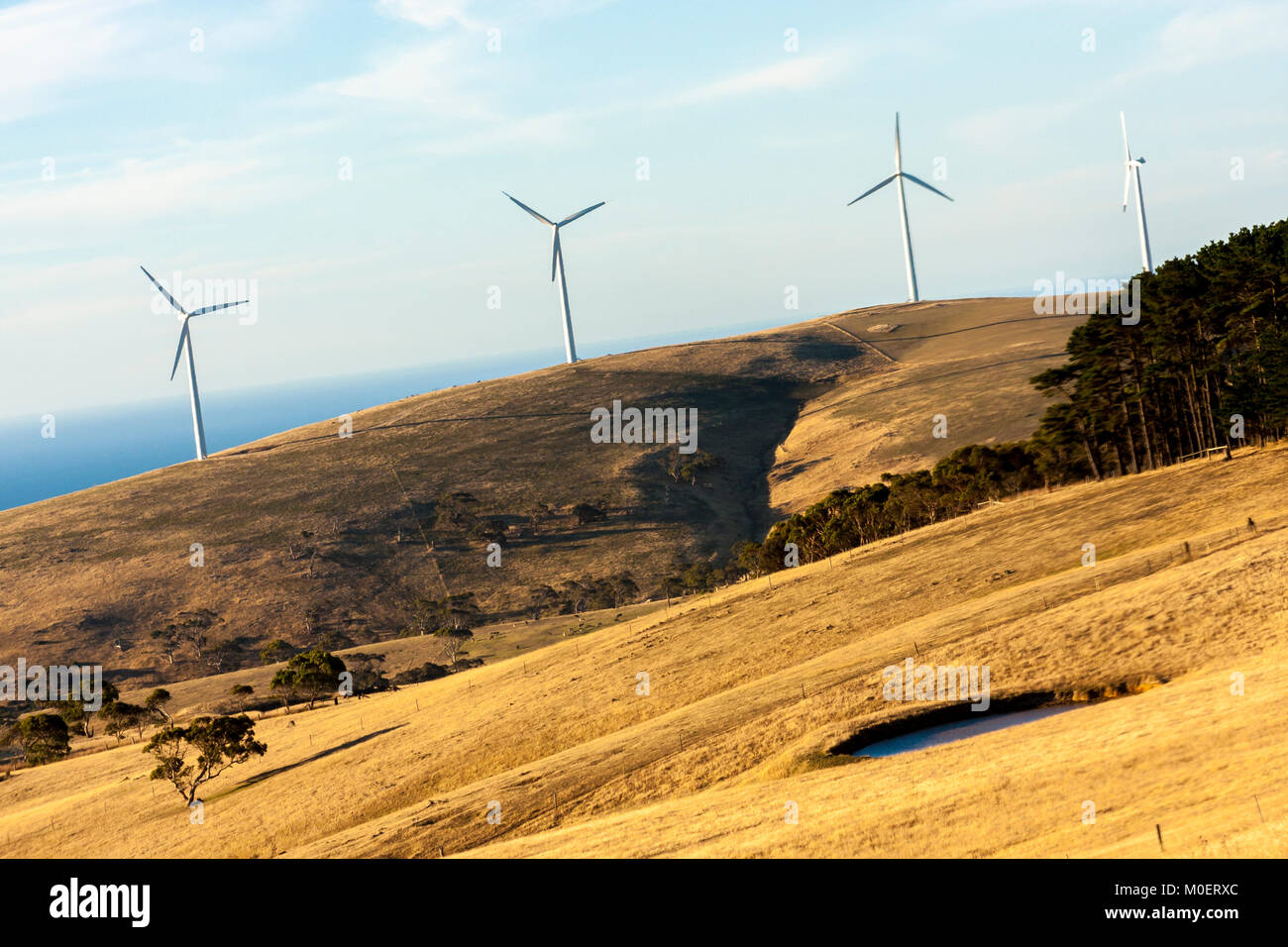 Tall wind turbines standing in a meadow overlooking the ocean. Western ...