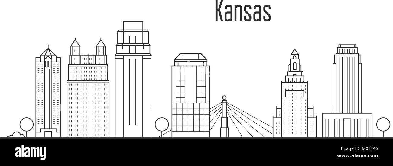 Kansas city skyline - downtown cityscape, city landmarks in liner style ...