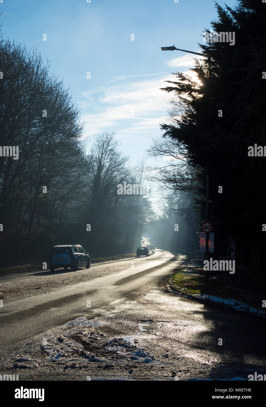 Driving in early morning mist Stock Photo - Alamy