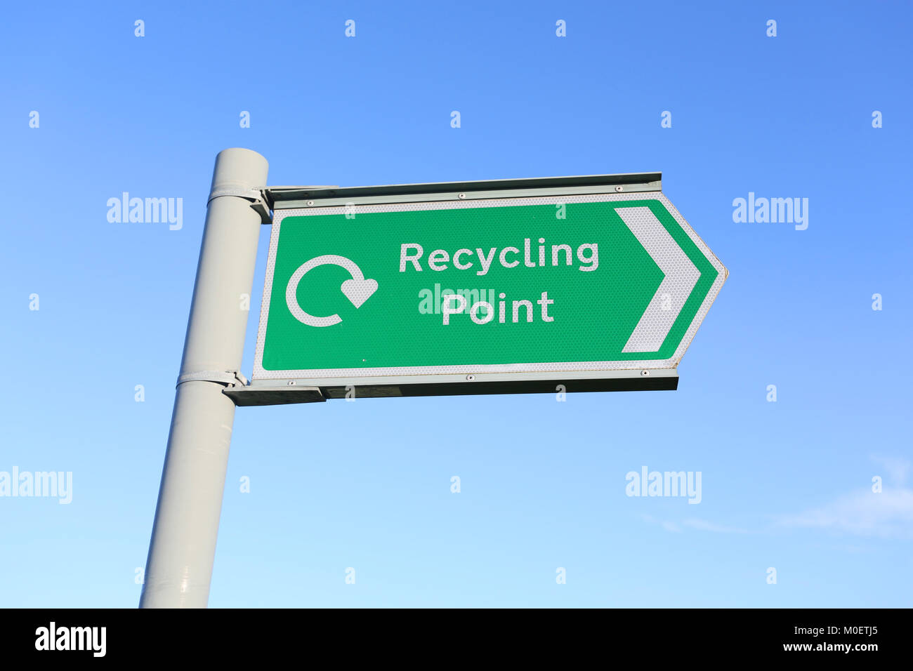 signage for recycling shot against a blue sky with symbol and english ...