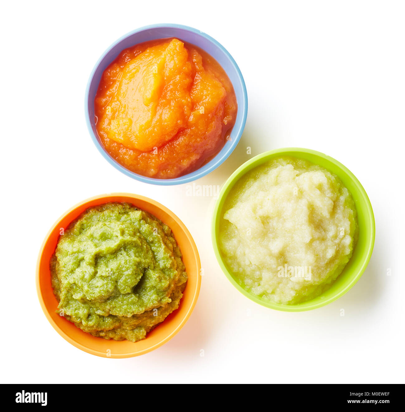 Green, yellow and orange baby puree in bowl isolated on white ...