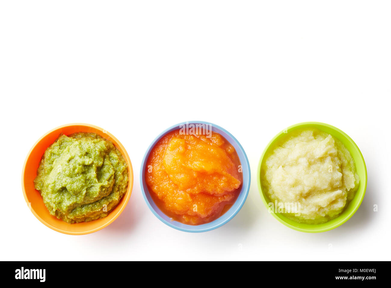 Green, yellow and orange baby puree in bowl isolated on white ...