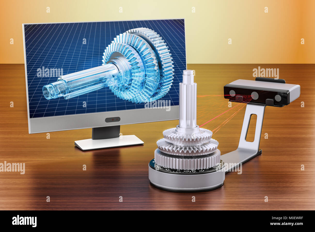 3d scanner scanning of object with computer monitor on the wooden table ...