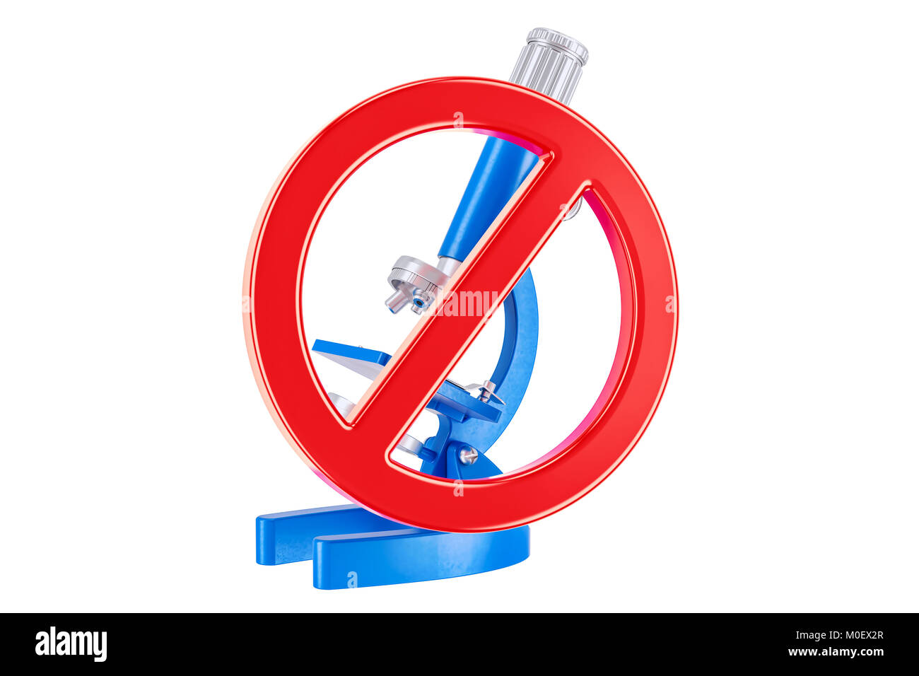 Forbidden sign with microscope, 3D rendering isolated on white ...