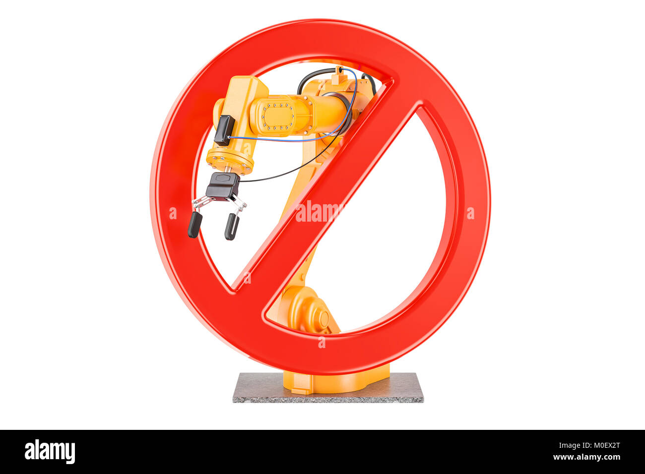 Forbidden sign with robotic arm, 3D rendering isolated on white ...