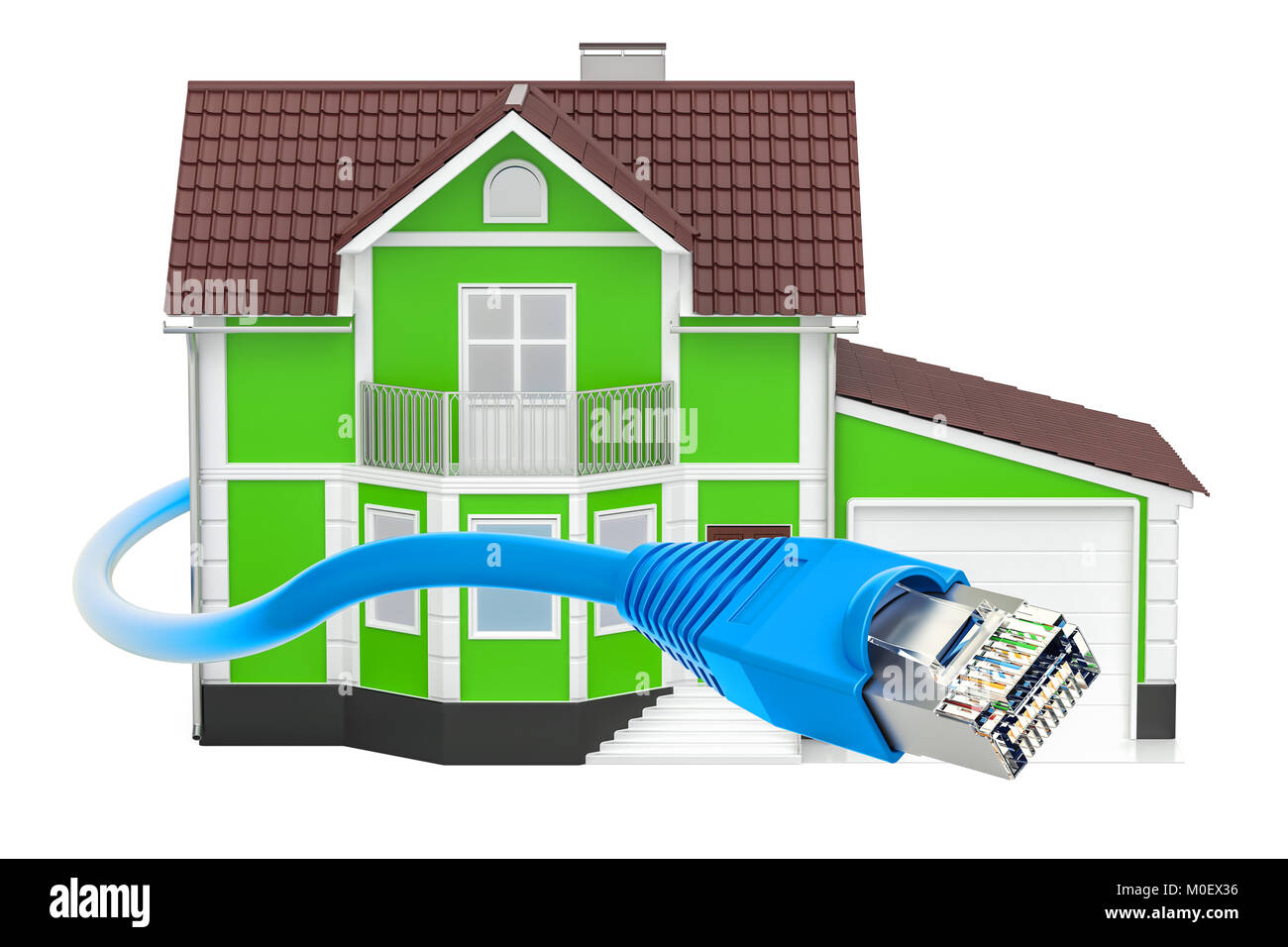 Internet connection concept, house with Lan cable. 3D rendering ...