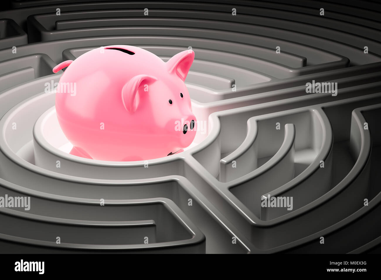 Piggy bank at center of dark maze, 3D rendering Stock Photo - Alamy
