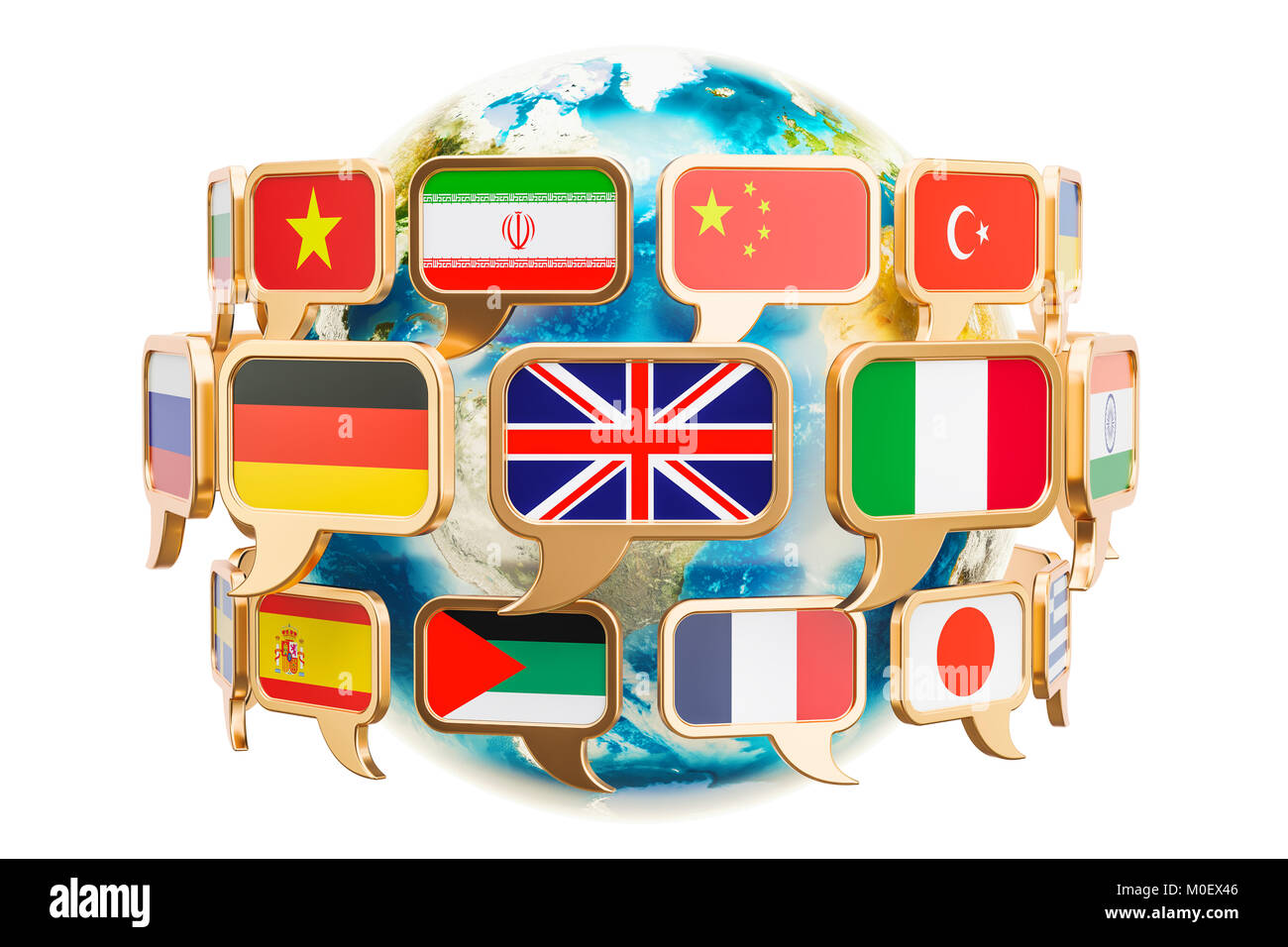 Speech bubble with flags around Earth Globe, 3D rendering isolated on ...